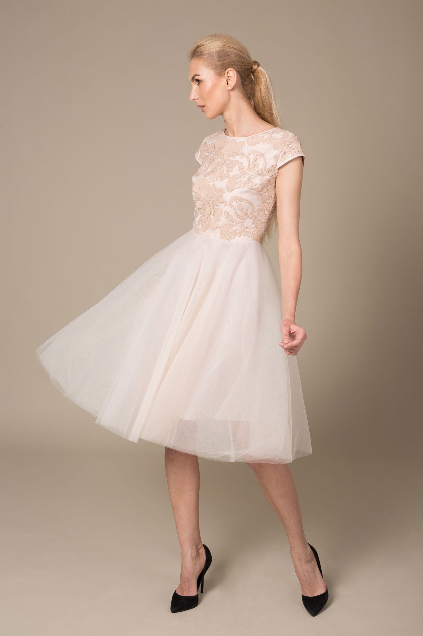 Beige Cap Sleeve Knee Length Sequin Lace Tulle Dress Le Parole Beige Cap Sleeve Knee Length Sequin Lace Tulle Dress Le Parole